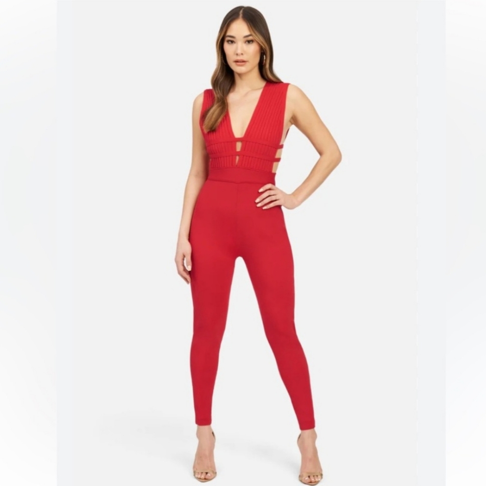 Bebe Red Catsuit Jumpsuit With Cutouts - Gem